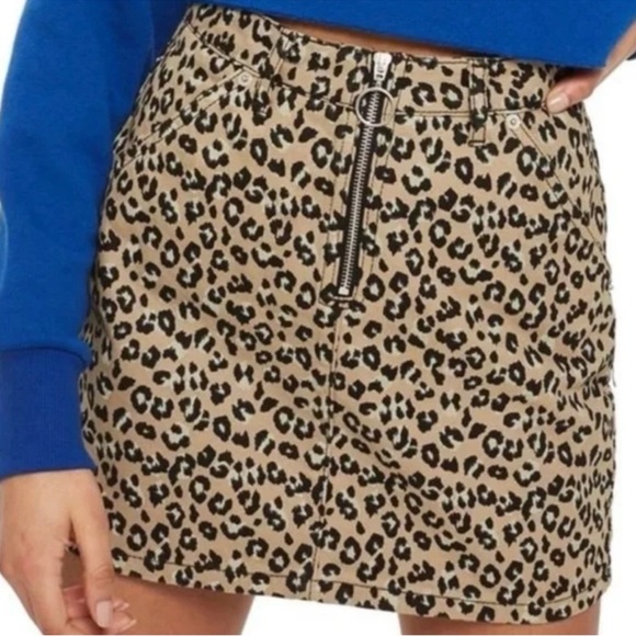 Topshop | Skirts | Topshop Womens Moto Leopard Print Denim Mini Skirt ...